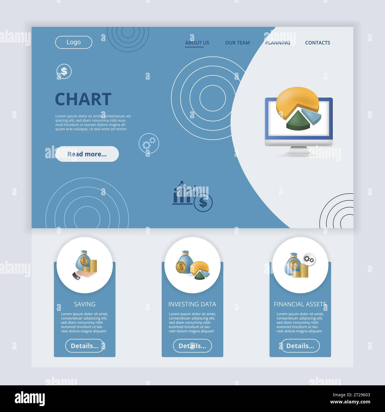 Chart flat landing page website template. Saving, investing data ...