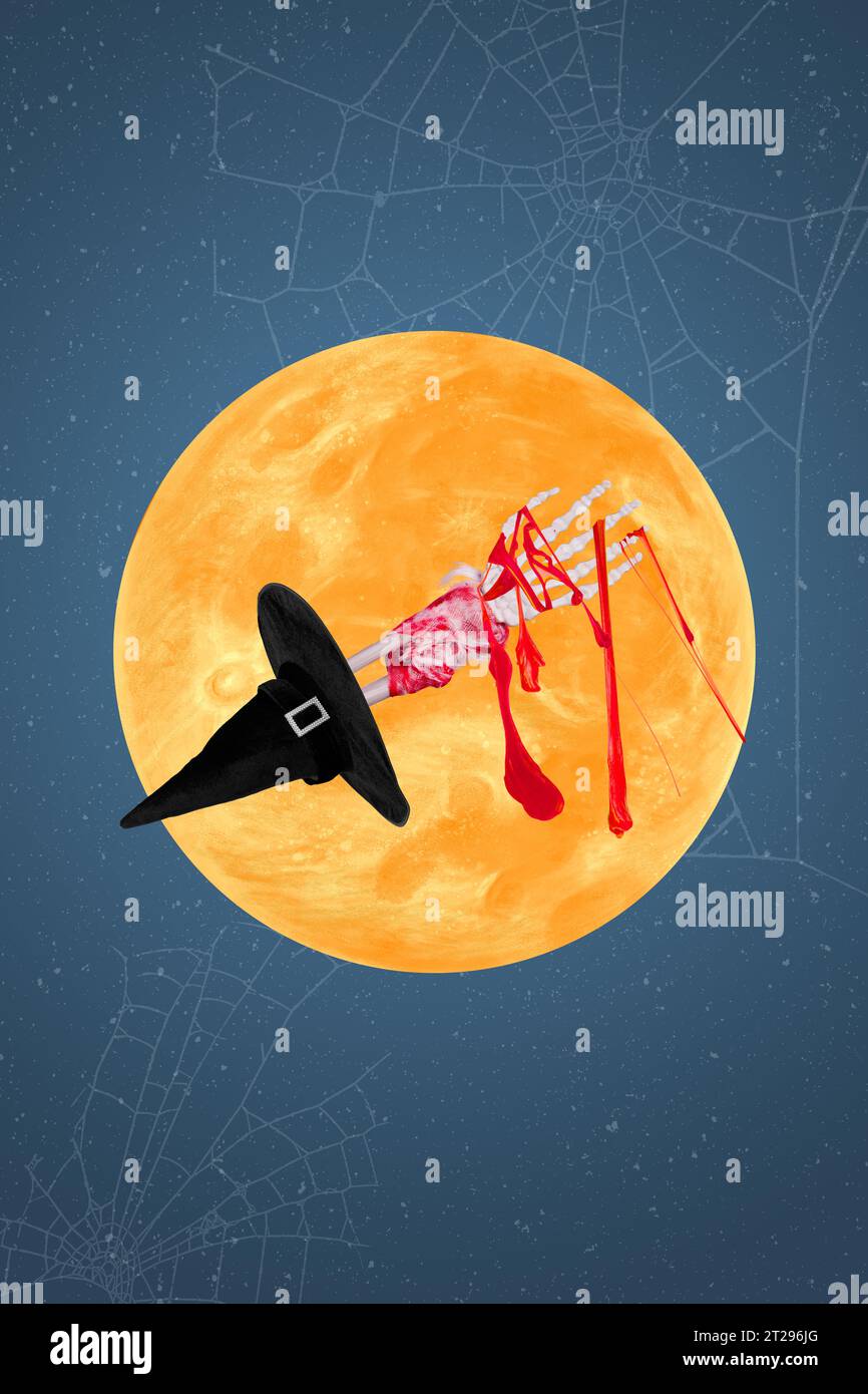 Vertical collage picture of enchant headwear skeleton bloody arm full ...