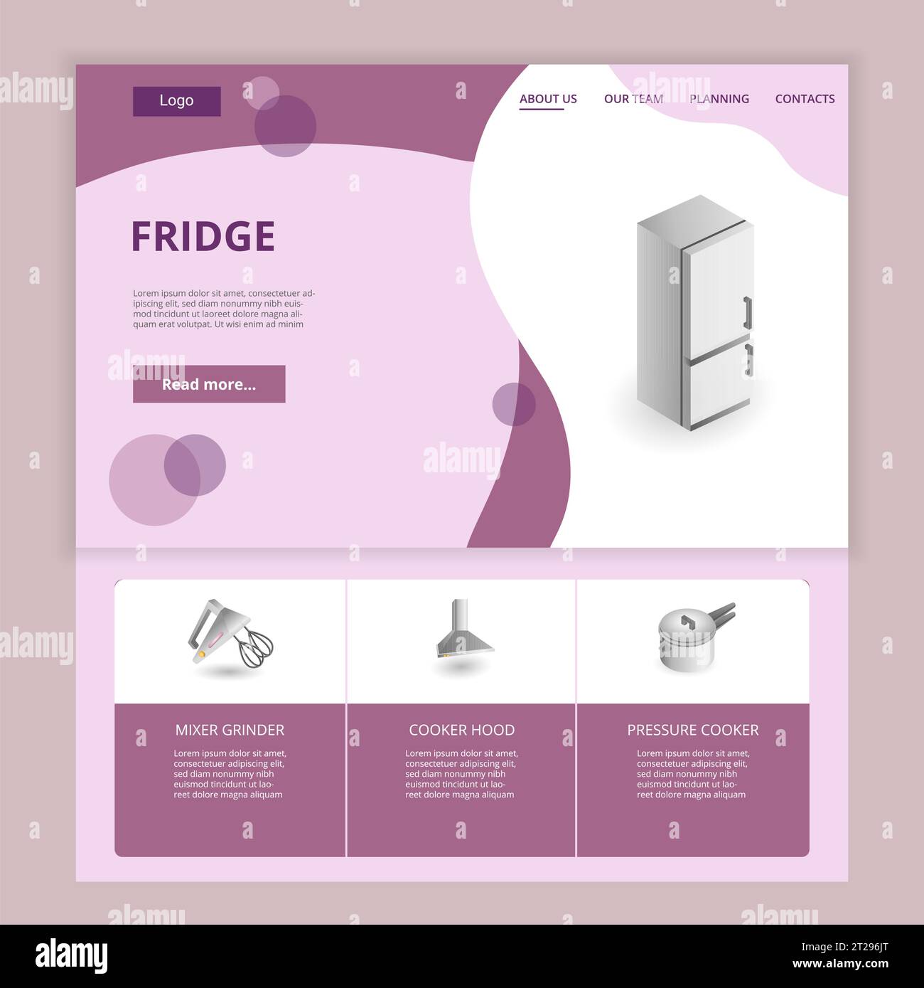 Fridge flat landing page website template. Mixer grinder, cooker hood ...