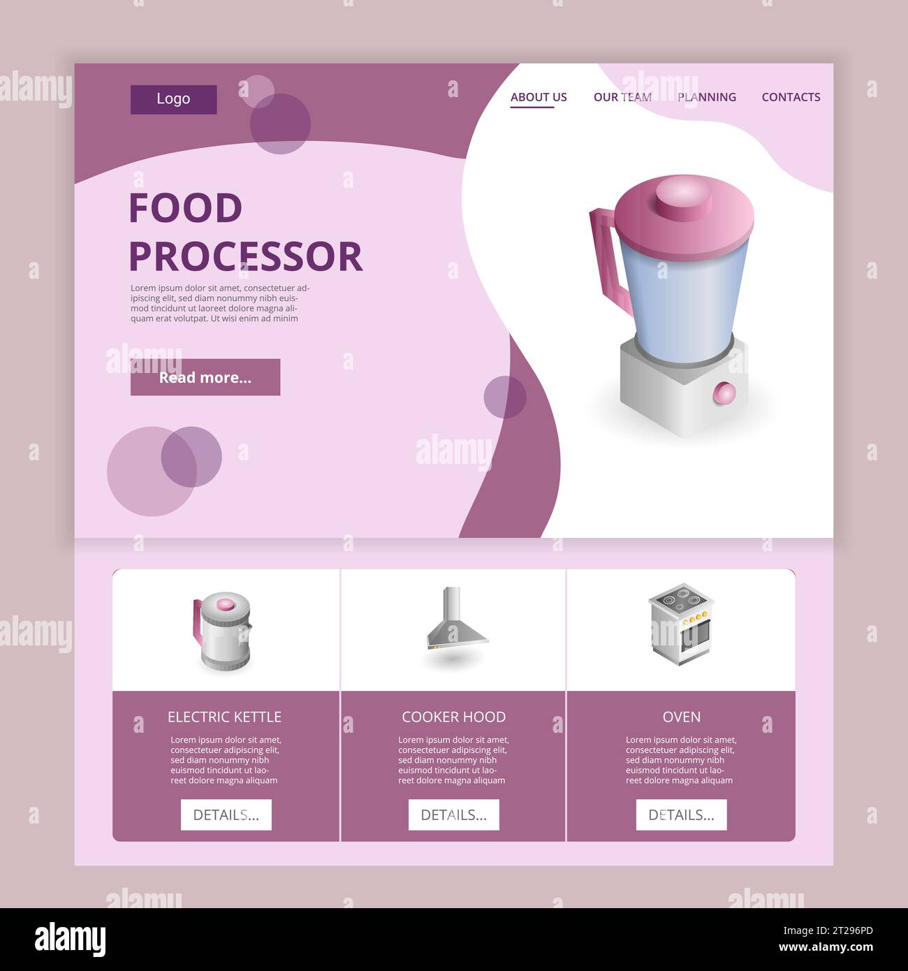 Food processor flat landing page website template. Electric kettle ...