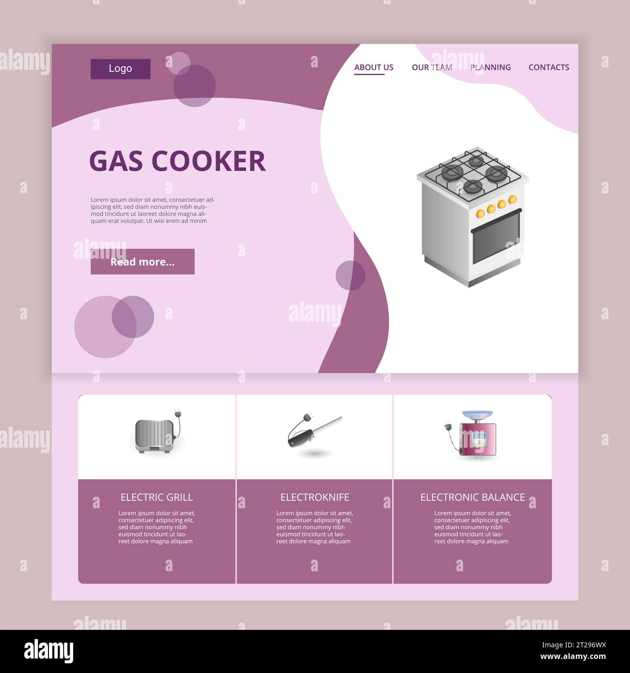 Gas cooker flat landing page website template. Electric grill ...