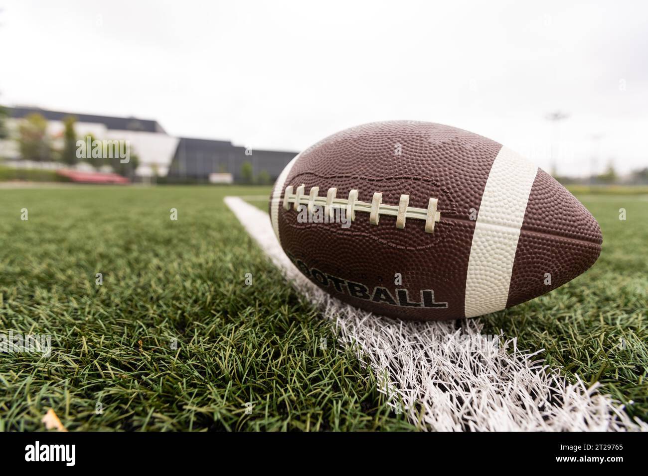 Close up view of an American Football sitting on a grass football field ...