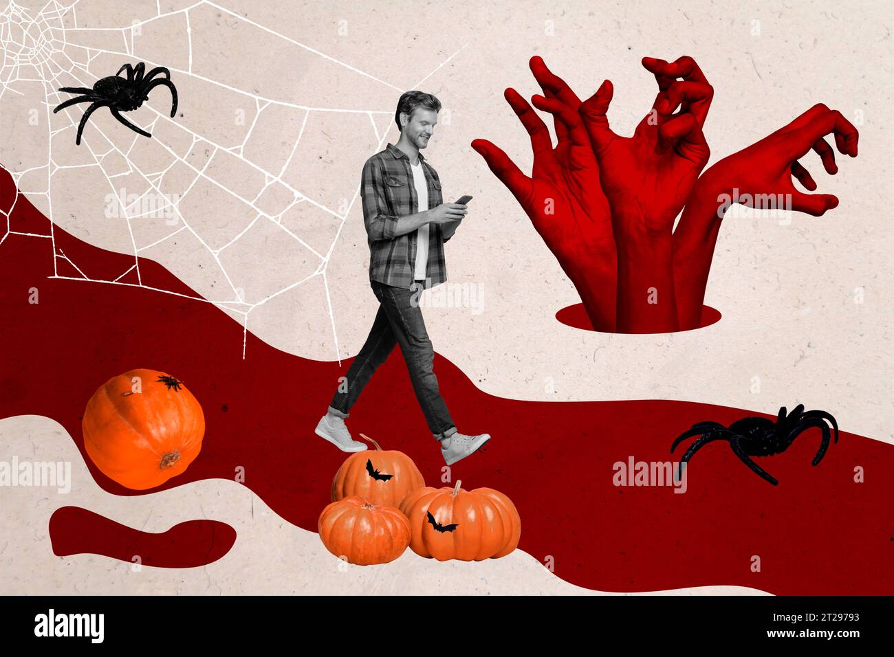 Banner collage of young guy walking bloody way spider web pumpkin ...