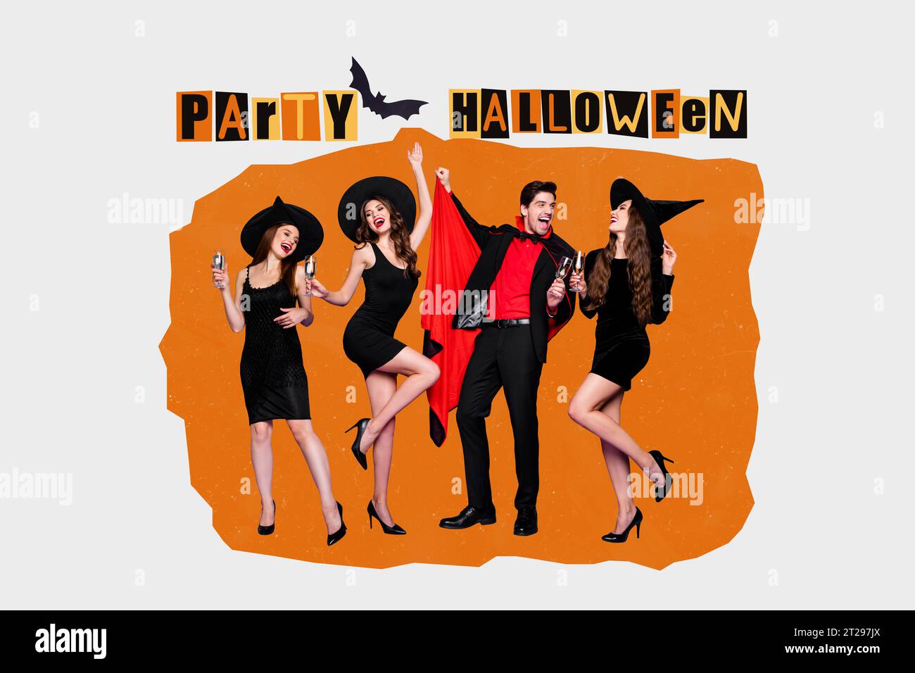 Composite collage image of three attractive female vampire male dancing ...