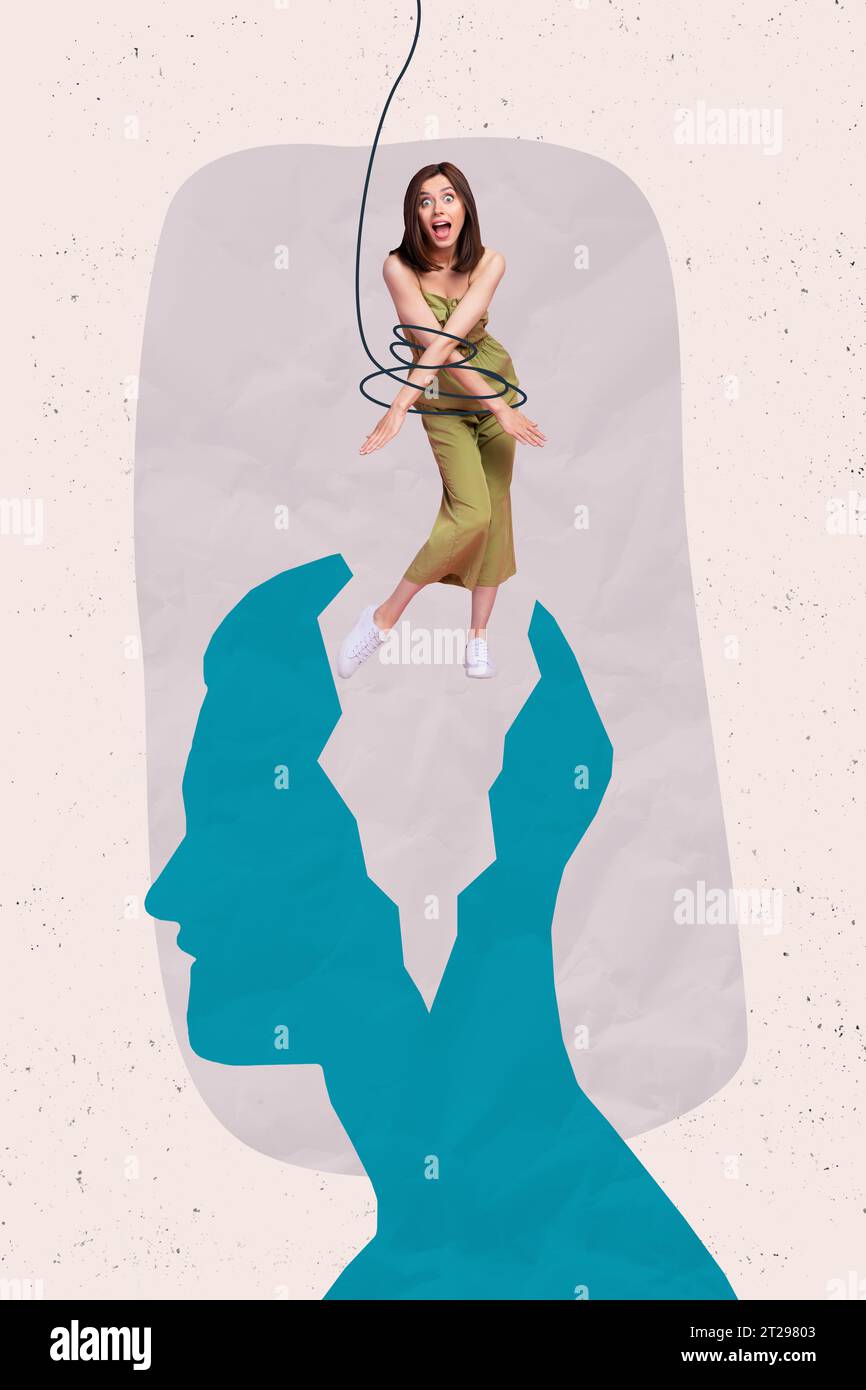 Picture collage poster of crazy surprised shocked girl with tied hands ...
