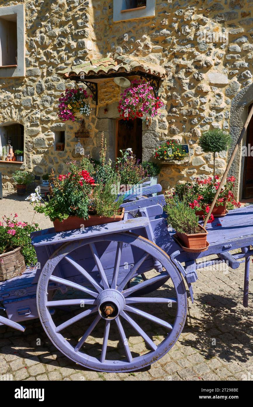 Old blue, french hay cart with hanging baskets of flowers in Castellane ...