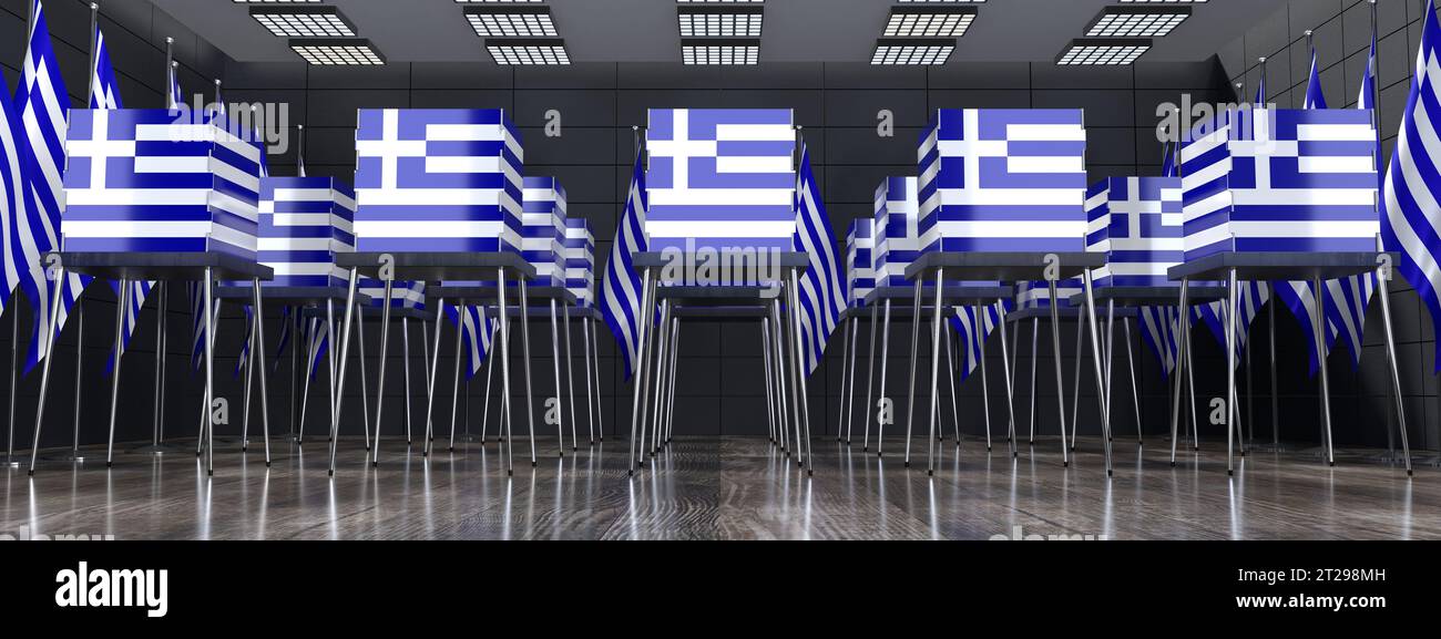 Greece - voting booths and national flags in polling station - election ...