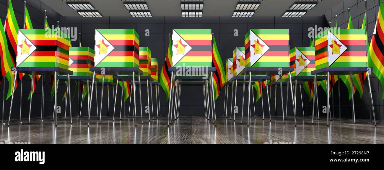 Zimbabwe - voting booths and national flags in polling station ...