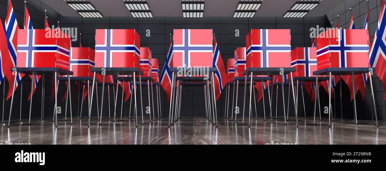 Norway - voting booths and national flags in polling station - election ...