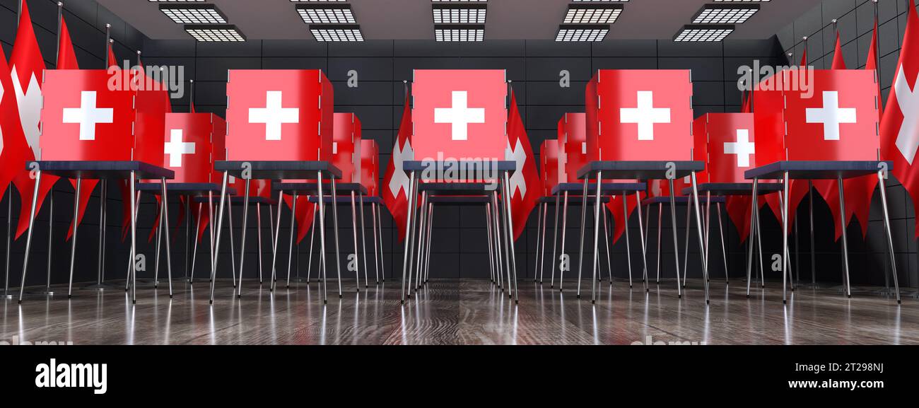 Switzerland - voting booths and national flags in polling station ...