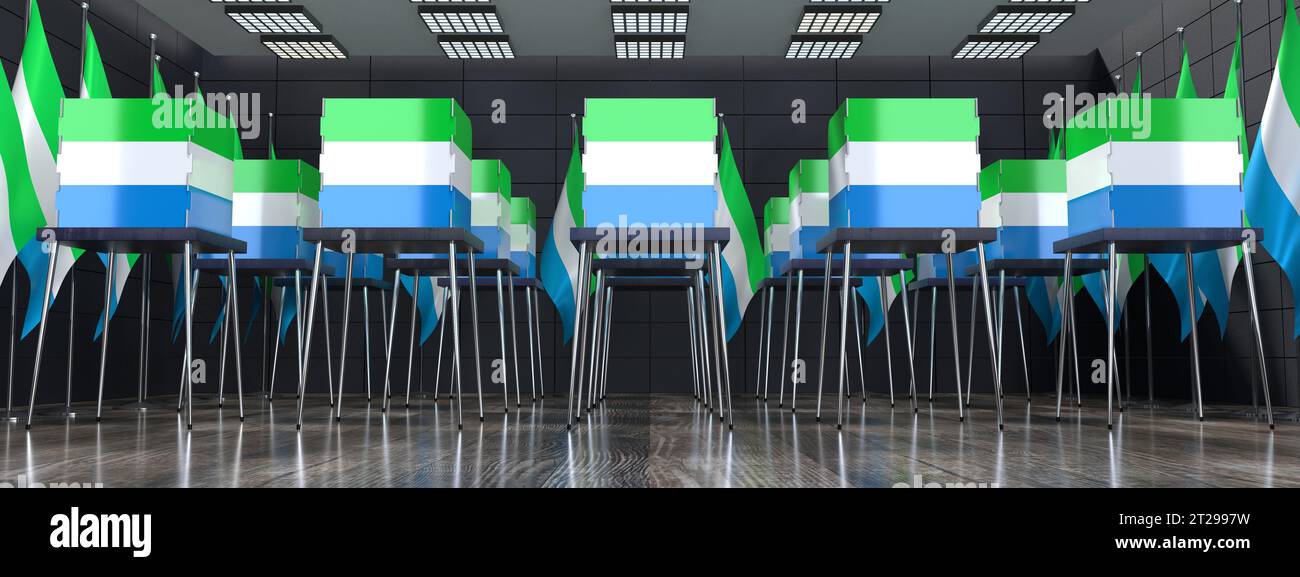 Sierra Leone Voting Booths And National Flags In Polling Station