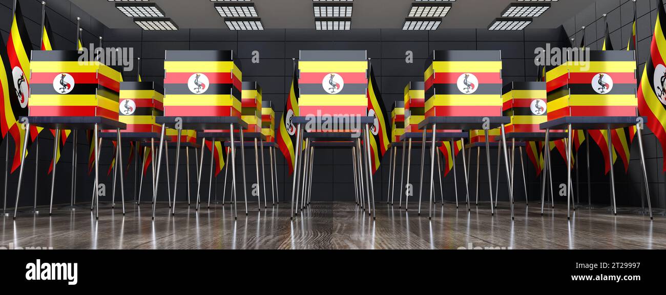 Uganda - voting booths and national flags in polling station - election ...