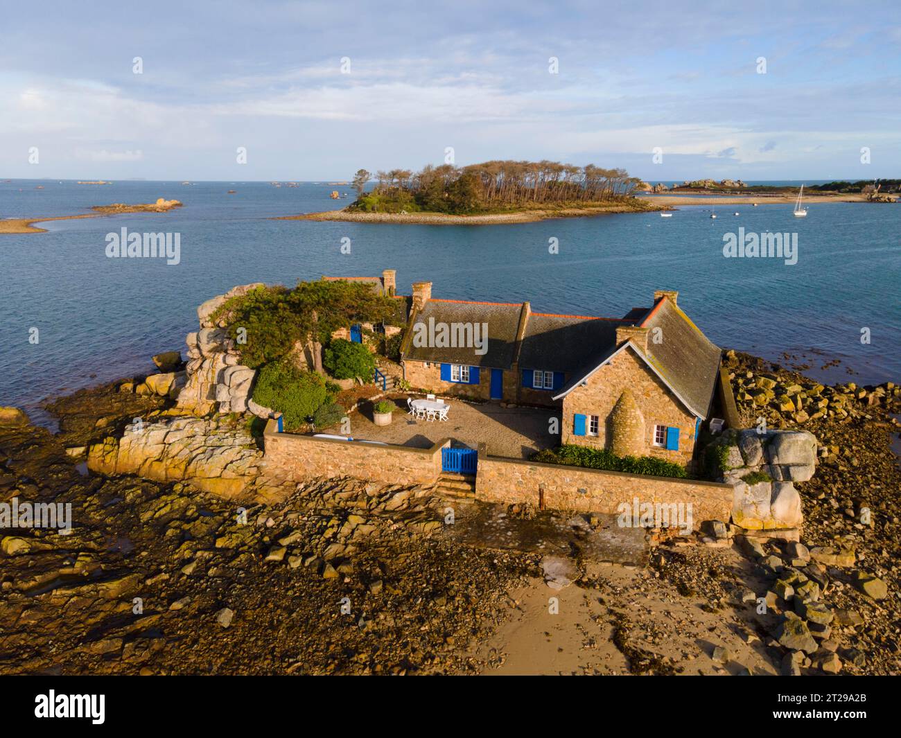 Aerial view, house at Plage de Raluzet, Plougrescant, Cotes-d'Armor ...