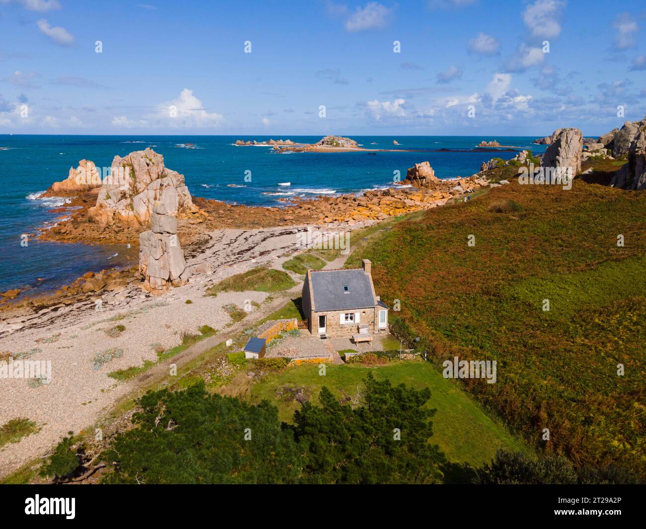 Aerial view, Plage de Pors Scaff, Plougrescant, Cotes-dArmor, English ...