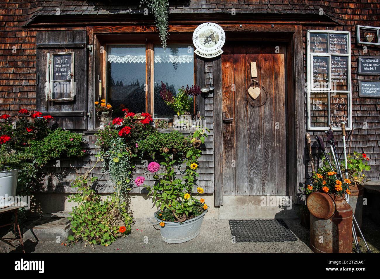 Mountain inn, entrance to Scheuen Alpe, near Balderschwang, Oberallgaeu ...