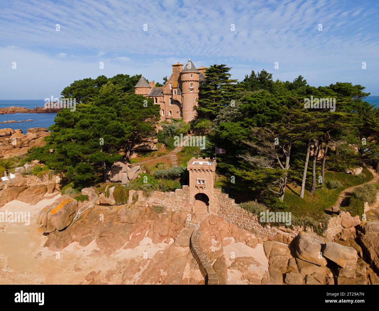 Aerial view, granite rock, Costaeres castle and island, Costaeres ...