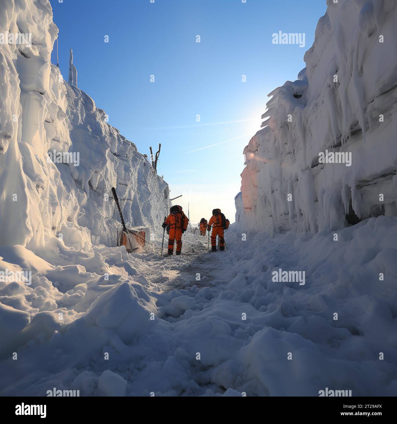 Helpers use evacuation aids to search for people buried in an avalanche ...