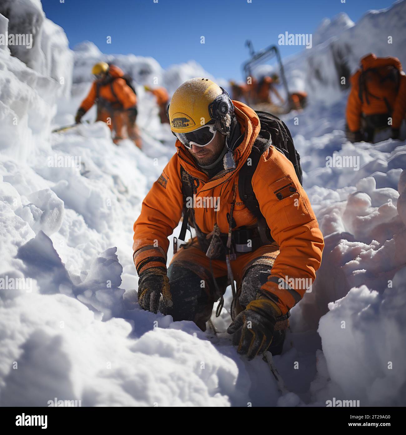Helpers use evacuation aids to search for people buried in an avalanche ...