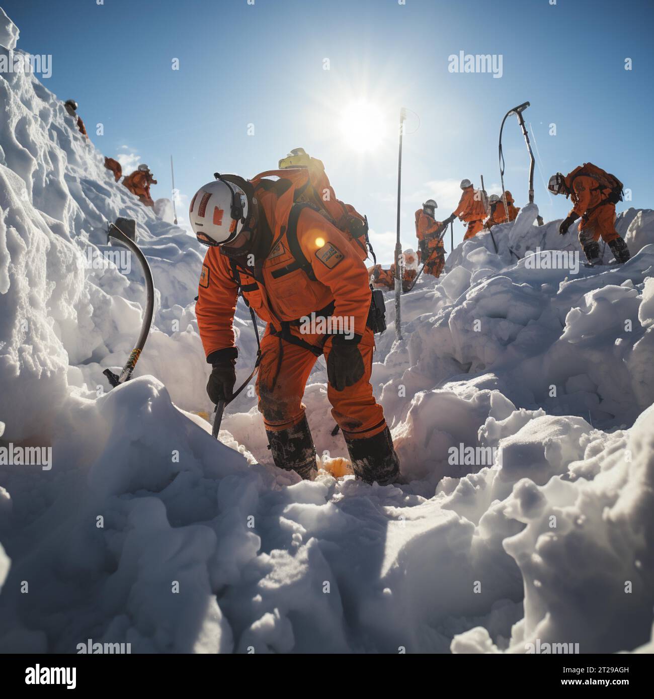 Helpers use evacuation aids to search for people buried in an avalanche ...