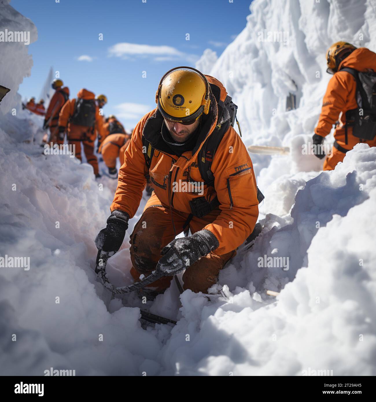 Helpers use evacuation aids to search for people buried in an avalanche ...