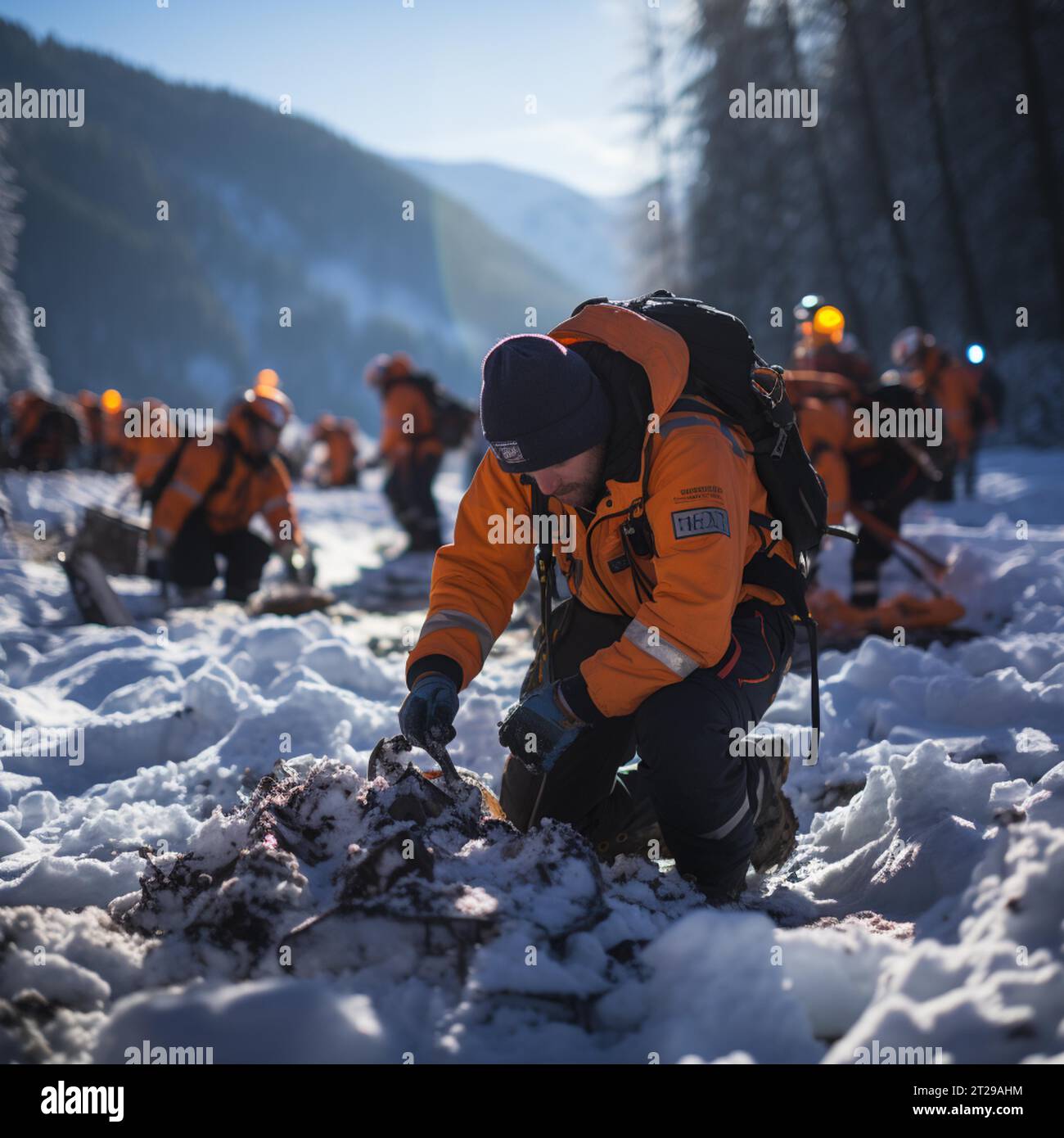 Helpers use evacuation aids to search for people buried in an avalanche ...