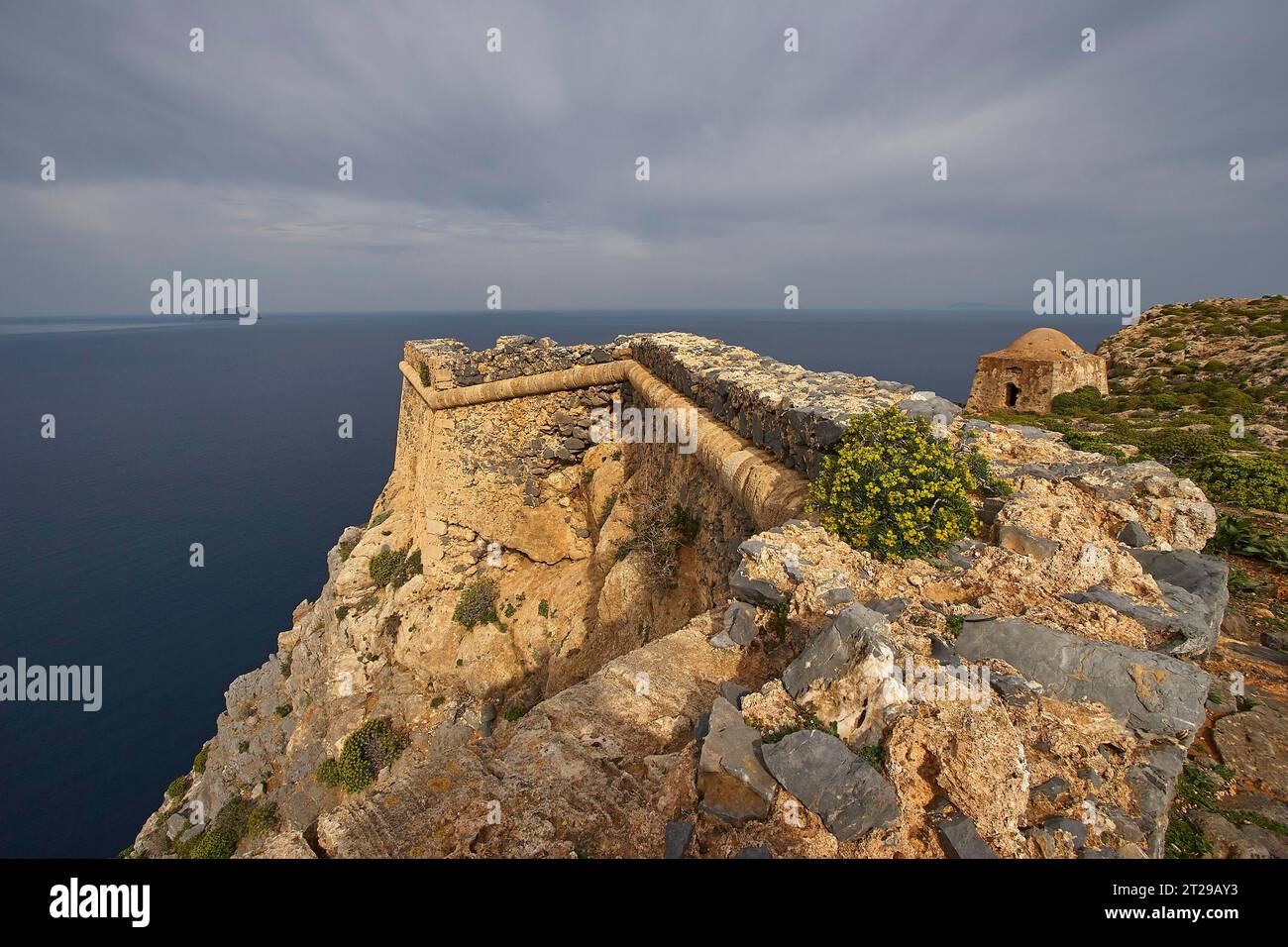 Fortress walls, square defence defence tower, cloudy sky, Pontikonisi ...