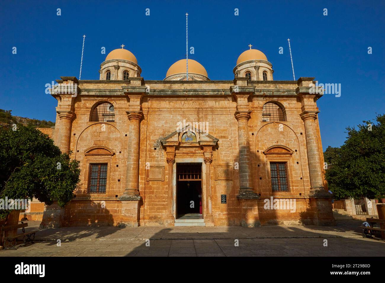 Frontal wide angle shot, facade, domes, main gate, Moni Agia Triada ...