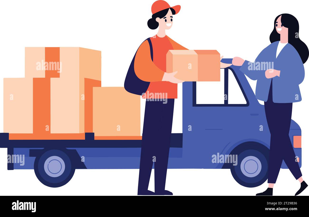 Hand Drawn Delivery man with delivery truck in flat style isolated on ...