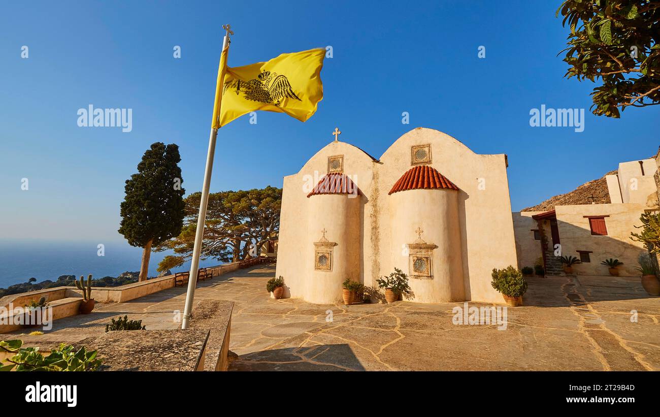 Double nave small church, yellow orthodox flag, super wide angle ...