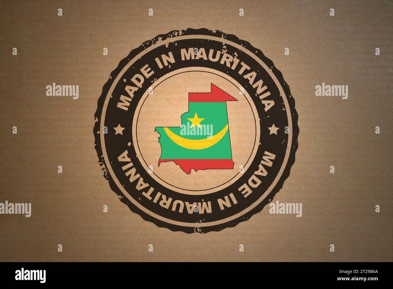 Brown paper with in its middle a retro style stamp Made in Mauritania ...
