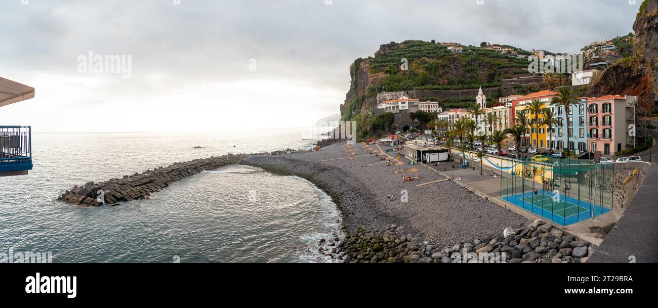 Panoramic and aerial view of Ponta do Sol beach in the east of Madeira ...