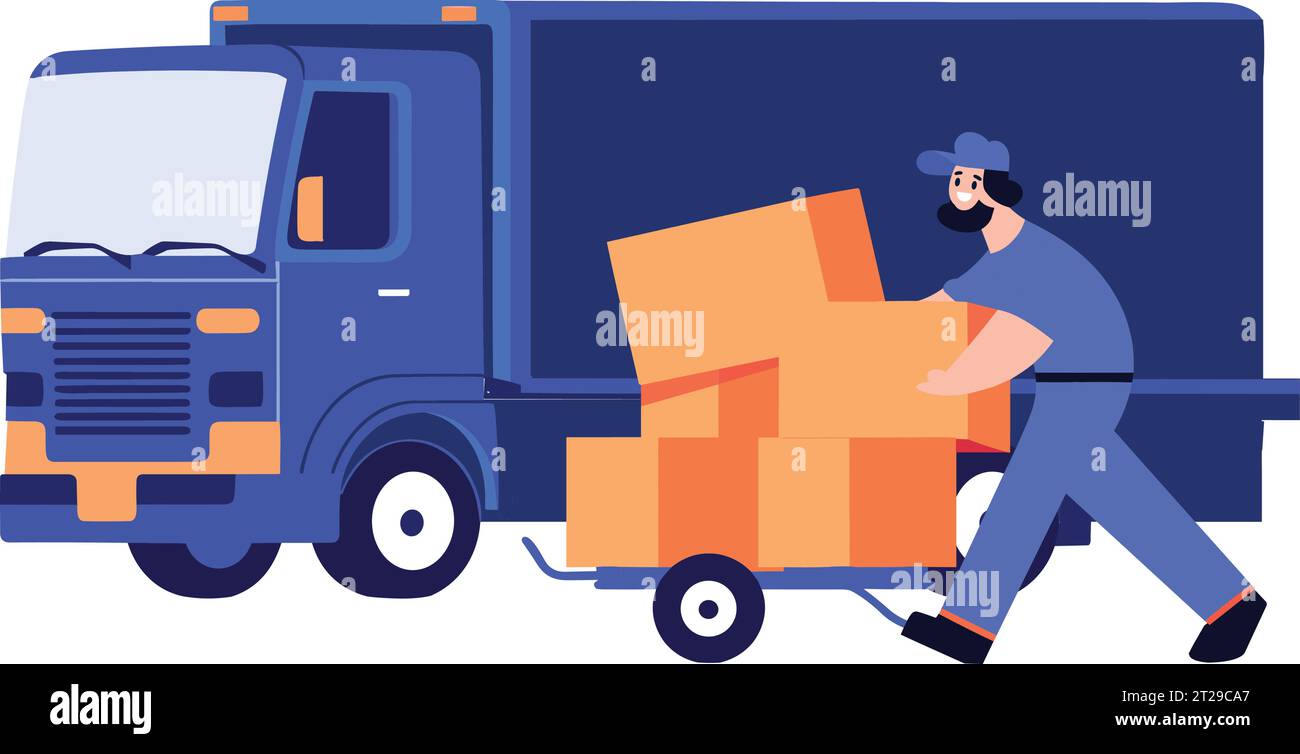 Hand Drawn Delivery man with delivery truck in flat style isolated on ...