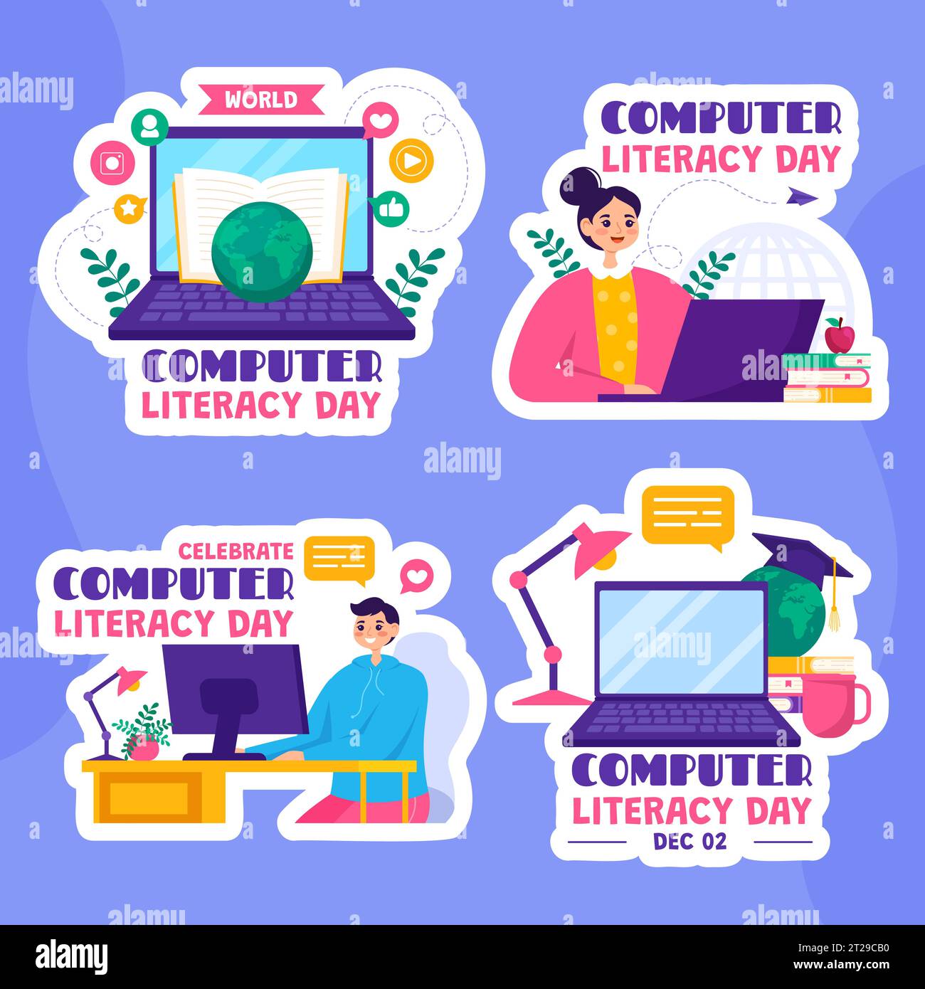 Computer Literacy Day Label Illustration Flat Cartoon Hand Drawn ...