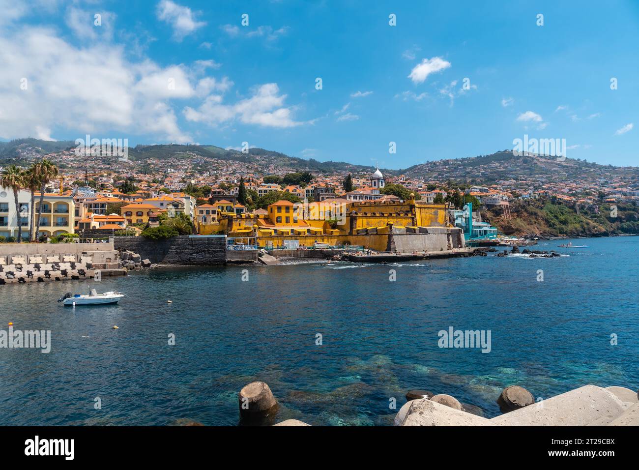 View of Forte de Sao Tiago fort on Funchal beach in summer. Madeira ...
