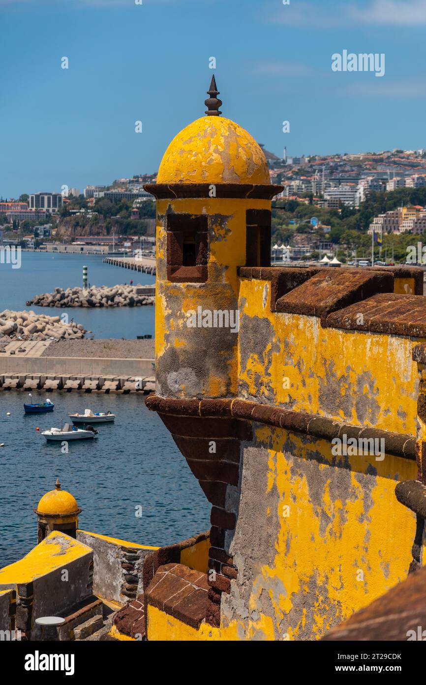 Yellow watchtower at the Forte de Sao Tiago fort in Funchal. Madeira ...
