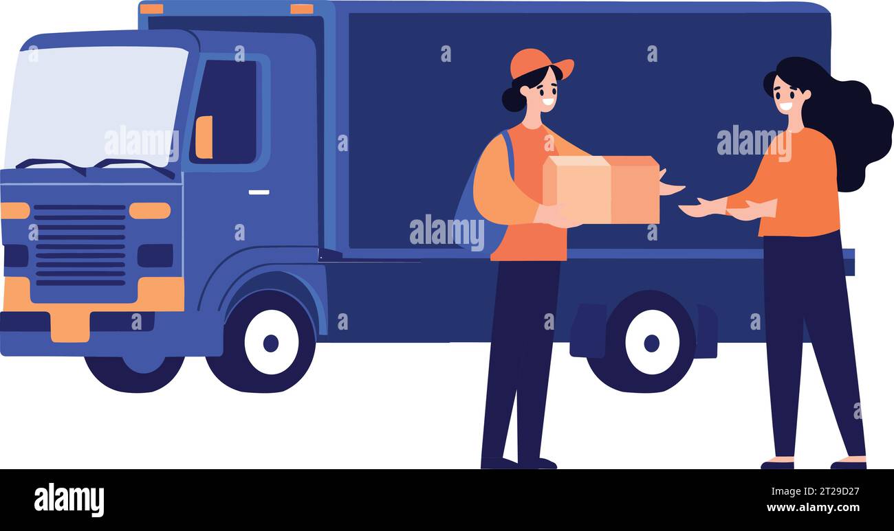 Hand Drawn Delivery man with delivery truck in flat style isolated on ...