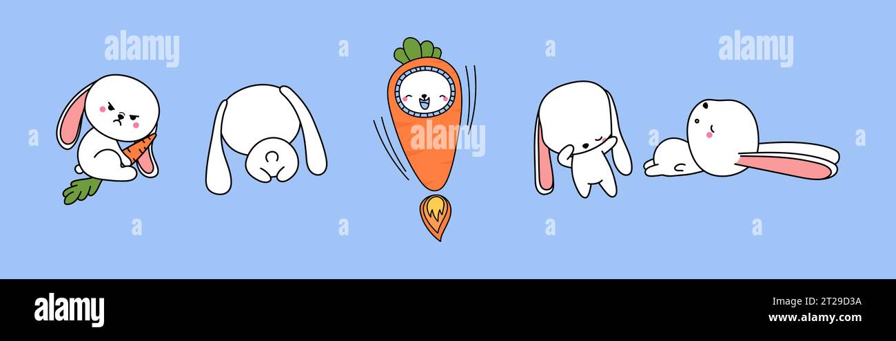 Set of Cartoon Isolated Rabbit. Set of Cute Kawaii Hare in Funny ...