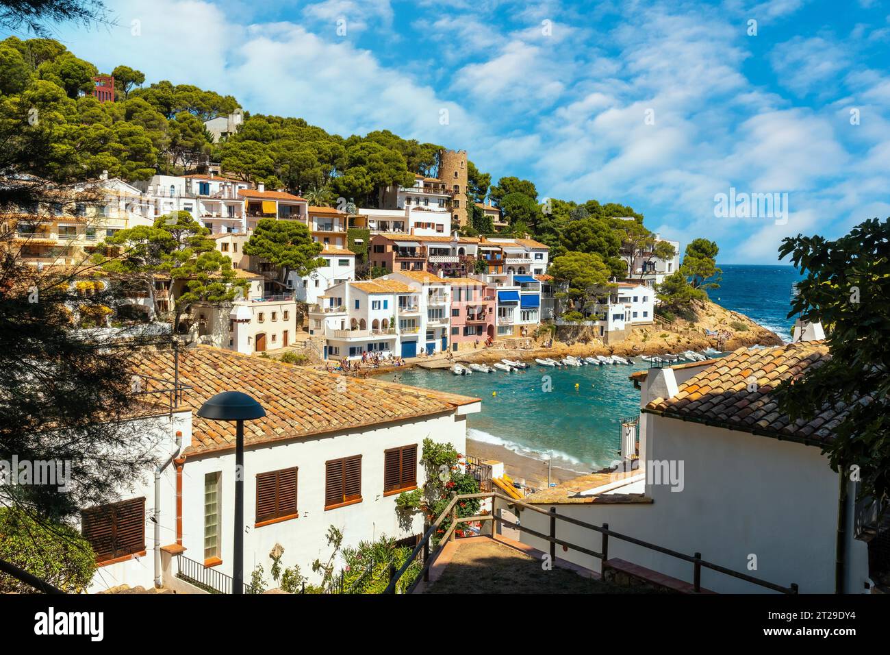 Aerial view of Sa Tuna beach on the coast of Begur in summer, Girona on ...