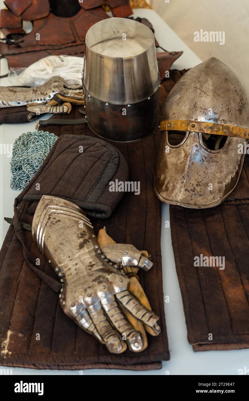 Medieval armor of an original knight in the castle of Fougeres ...