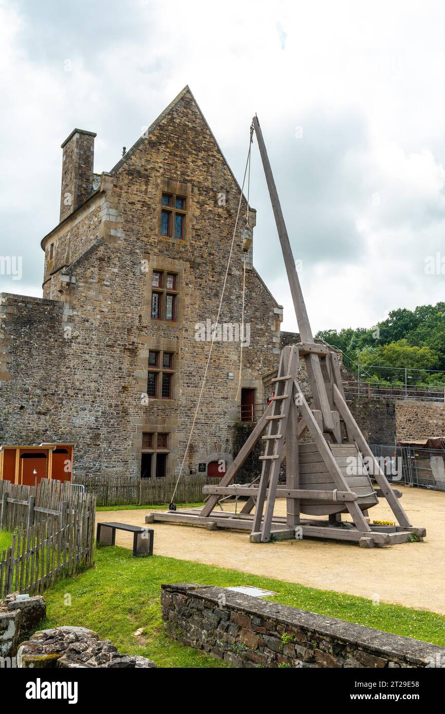 Original catapult in the medieval castle of Fougeres. Brittany region ...