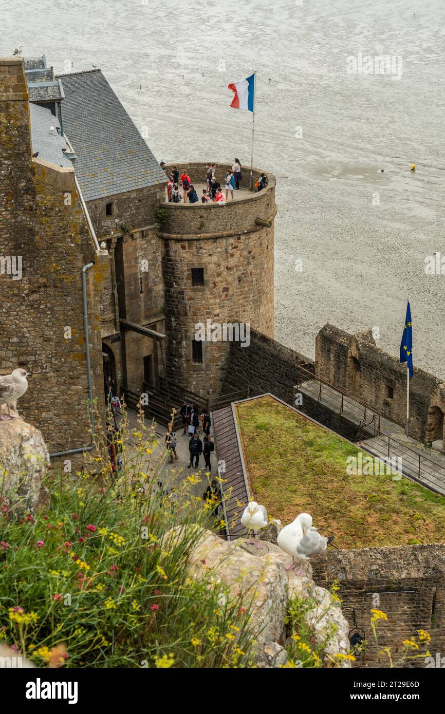 Interiors and walls of the famous Mont Saint-Michel Abbey in the Manche ...