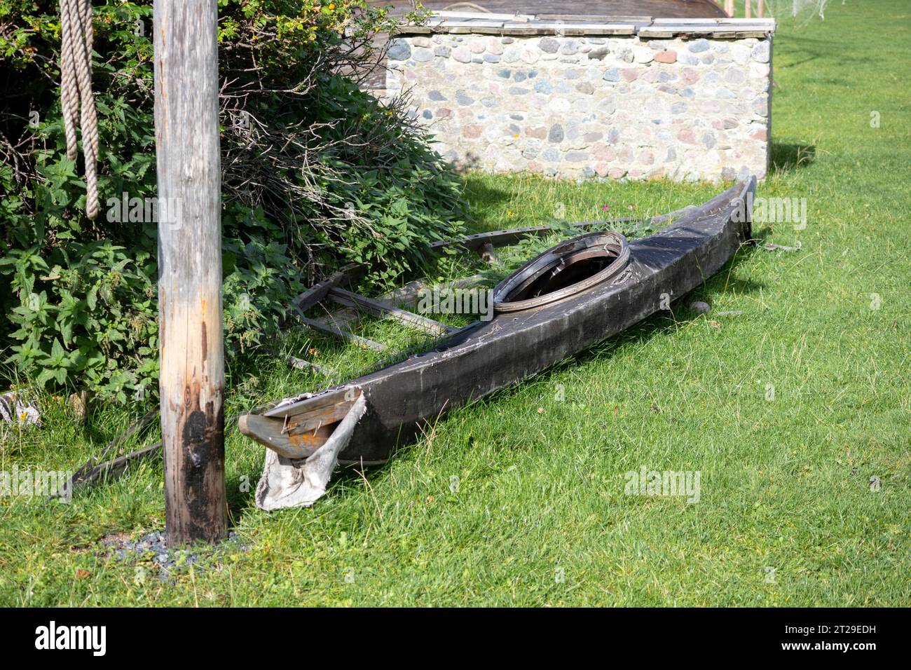 Old and torn canoe on green grass Stock Photo - Alamy