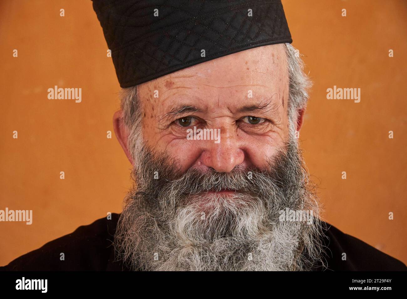 Portrait, monk, beard, black cap, smiling, Agia Triada Monastery ...