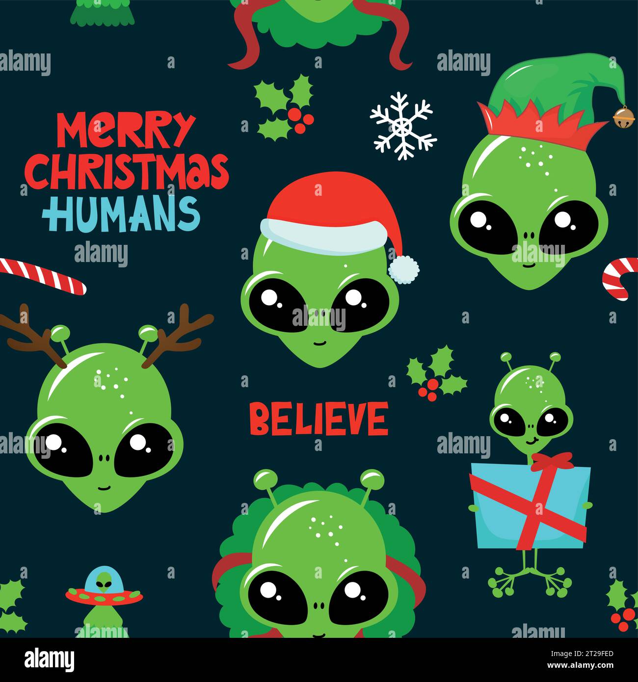 Merry Christmas humans - Cute green cartoon alien seamless pattern ...