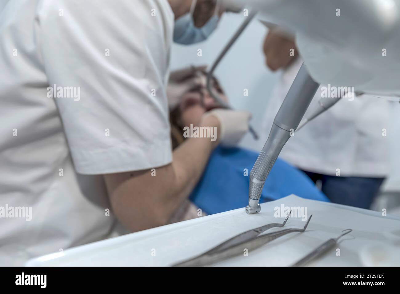 A female dentist treats a patient's teeth. The dentist makes a ...