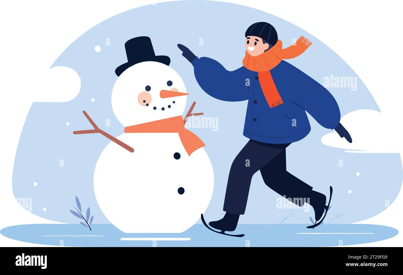 Hand Drawn male character playing ice skating in winter in flat style ...