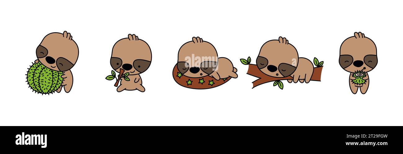 Set of Cartoon Isolated Sloth. Set of Cute Kawaii Sloth in Funny ...