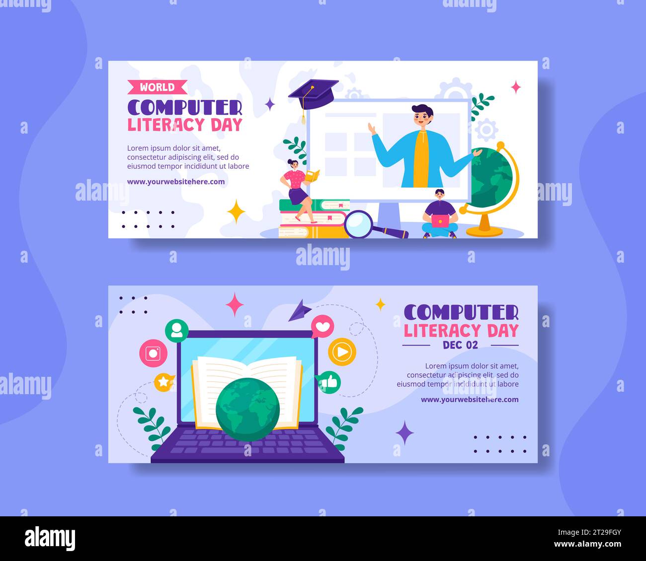 Computer Literacy Day Horizontal Banner Illustration Flat Cartoon Hand ...