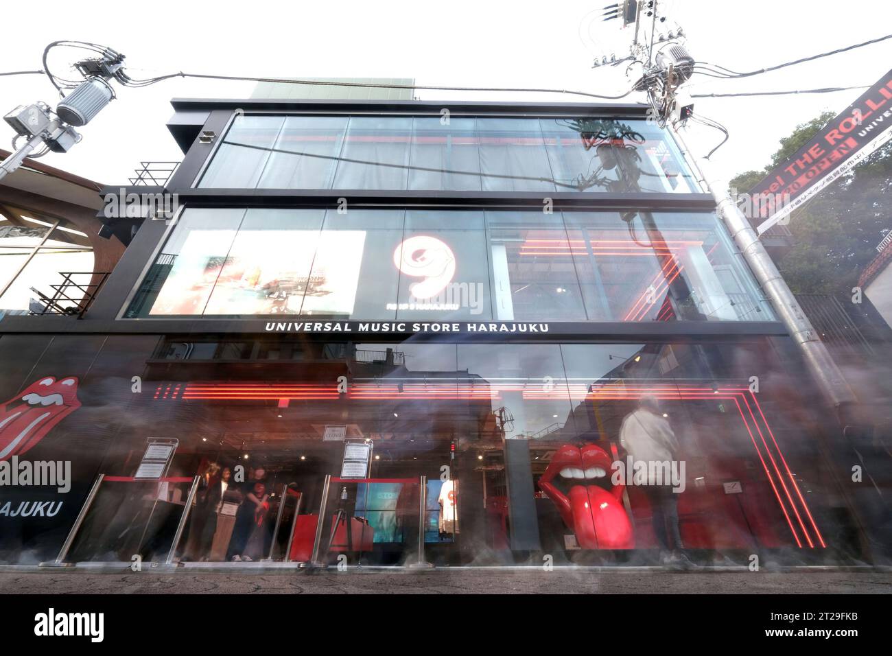 The Rolling Stones' iconic logo is seen at the front window of the UNIVERSAL MUSIC STORE ...