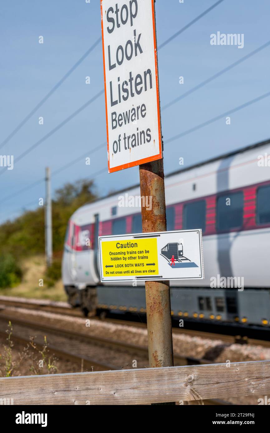 Caution, Look both ways and Stop Look Listern warning signs at level ...